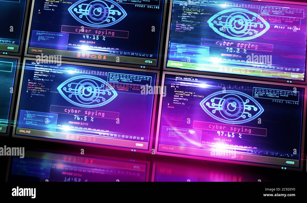 Cyber spying eye symbol on computer screen. Hacking, control ...