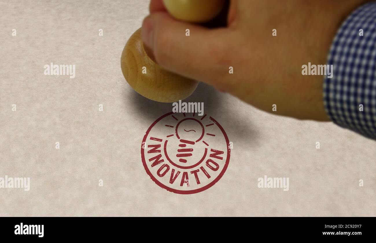 Innovation stamp and stamping hand. New idea, success, progress ...