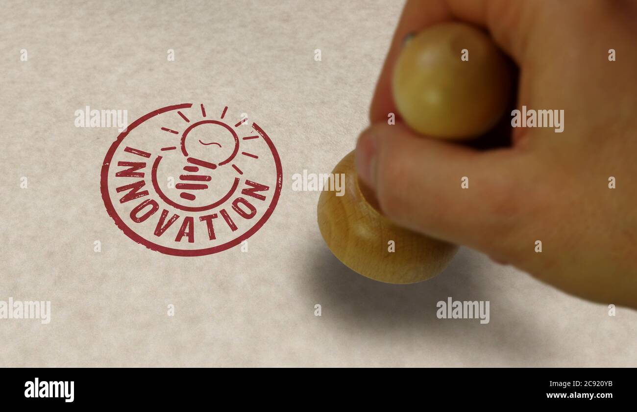 Innovation stamp and stamping hand. New idea, success, progress ...