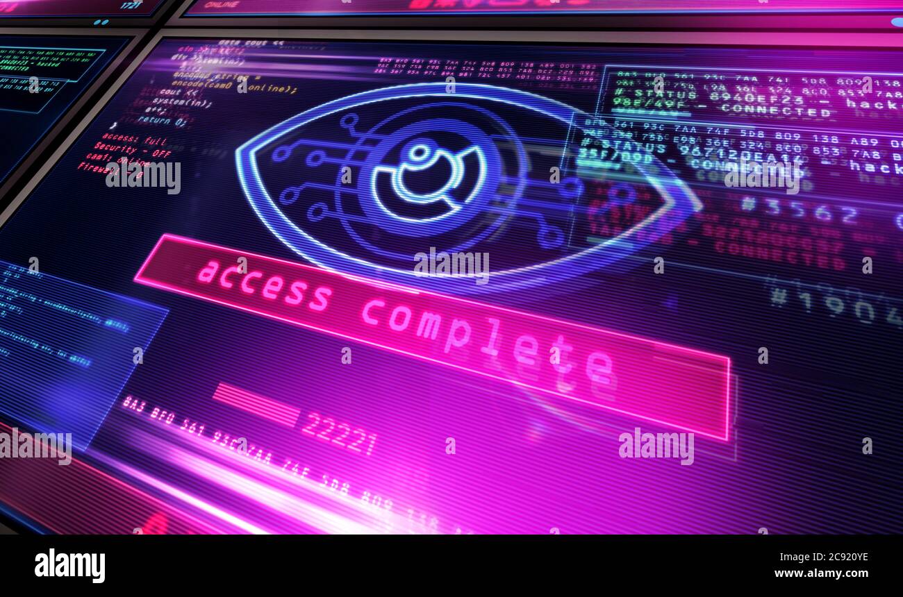 Cyber spying eye symbol on computer screen. Hacking, control ...