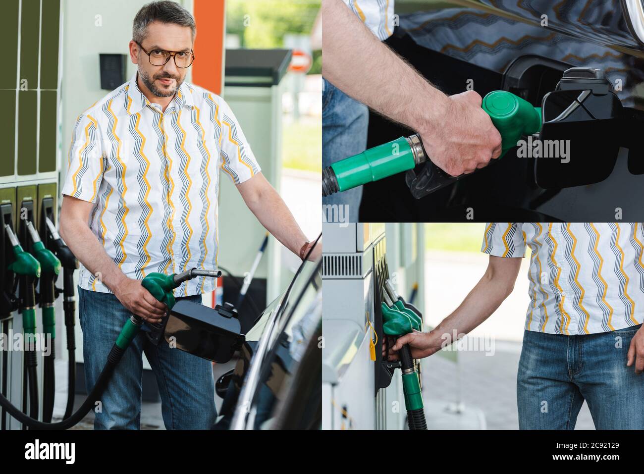 Collage of handsome man holding fueling nozzle and fueling car outdoors ...
