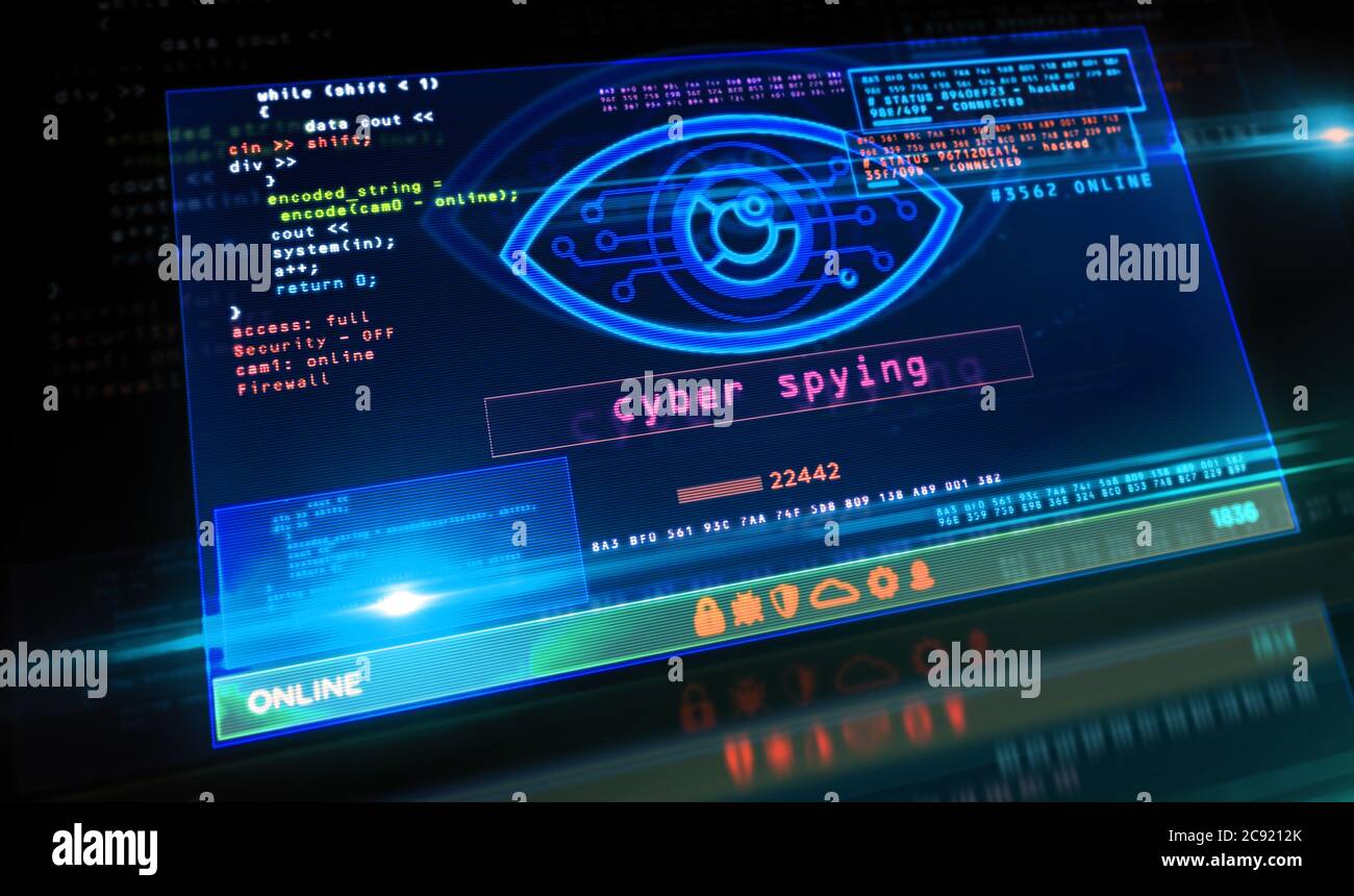 Cyber spying eye symbol on computer screen. Hacking, control ...