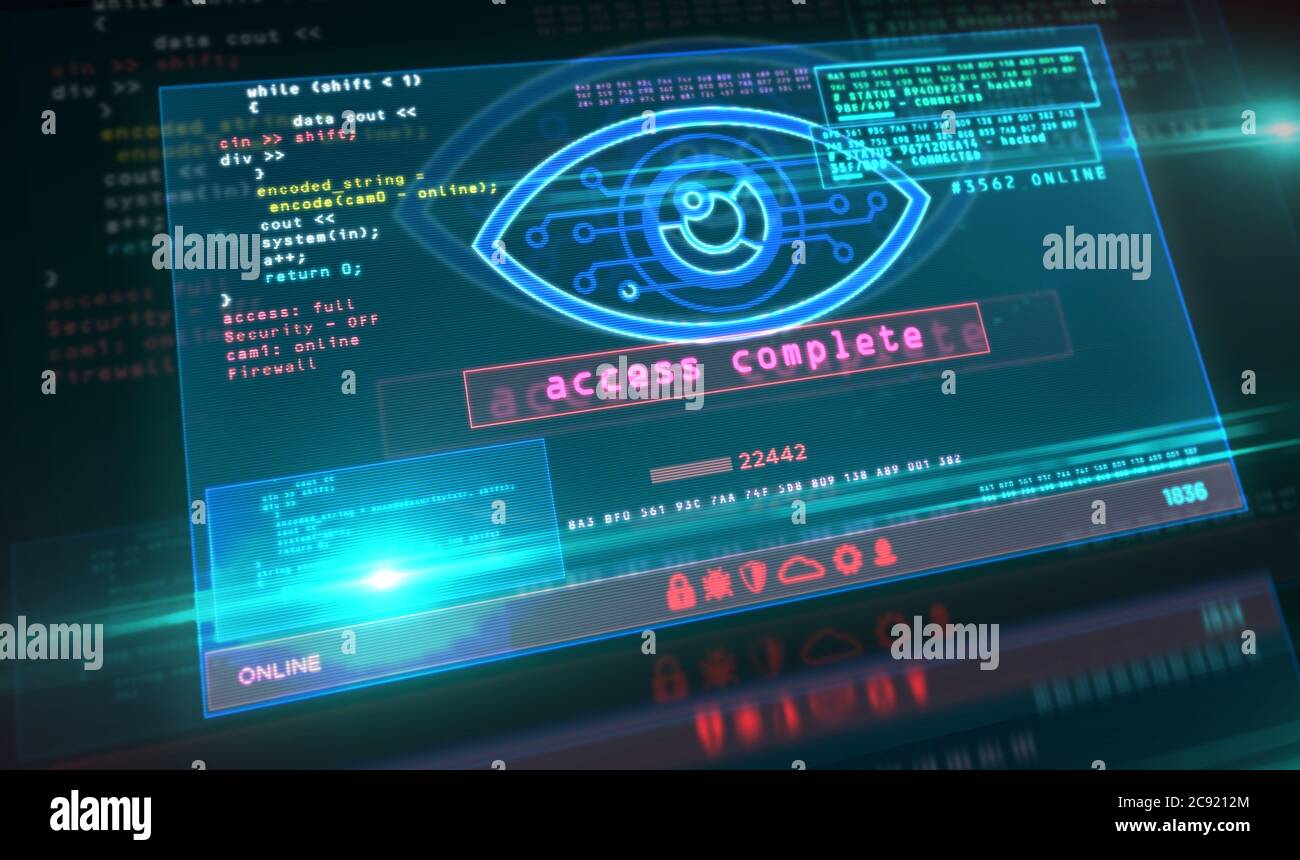 Cyber spying eye symbol on computer screen. Hacking, control ...