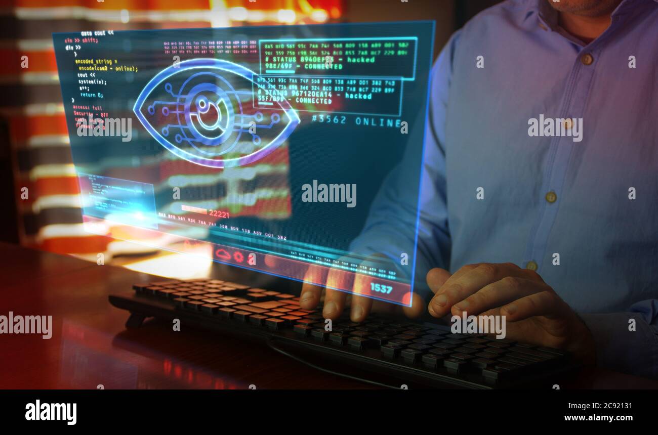 Hacker spy attack with cyber eye on computer screen. Hacking, control ...