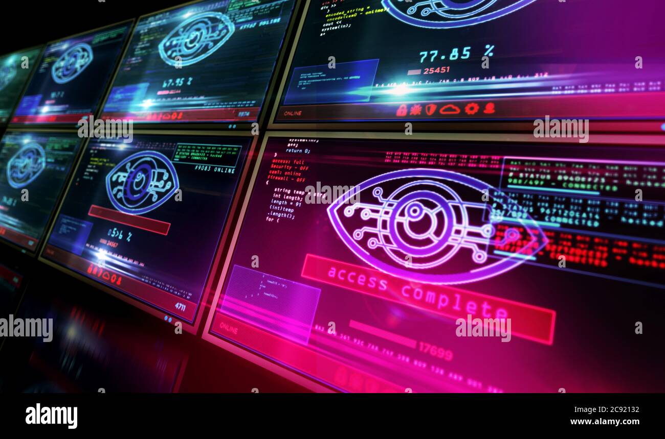 Cyber spying eye symbol on computer screen. Hacking, control ...