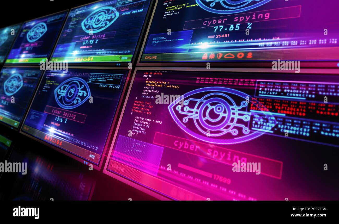 Cyber spying eye symbol on computer screen. Hacking, control ...