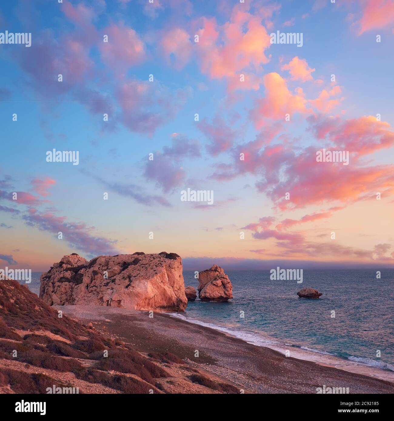 Rock Aphrodite near Petra tou Romiou in Cyprus, Paphos. Panoramic image ...