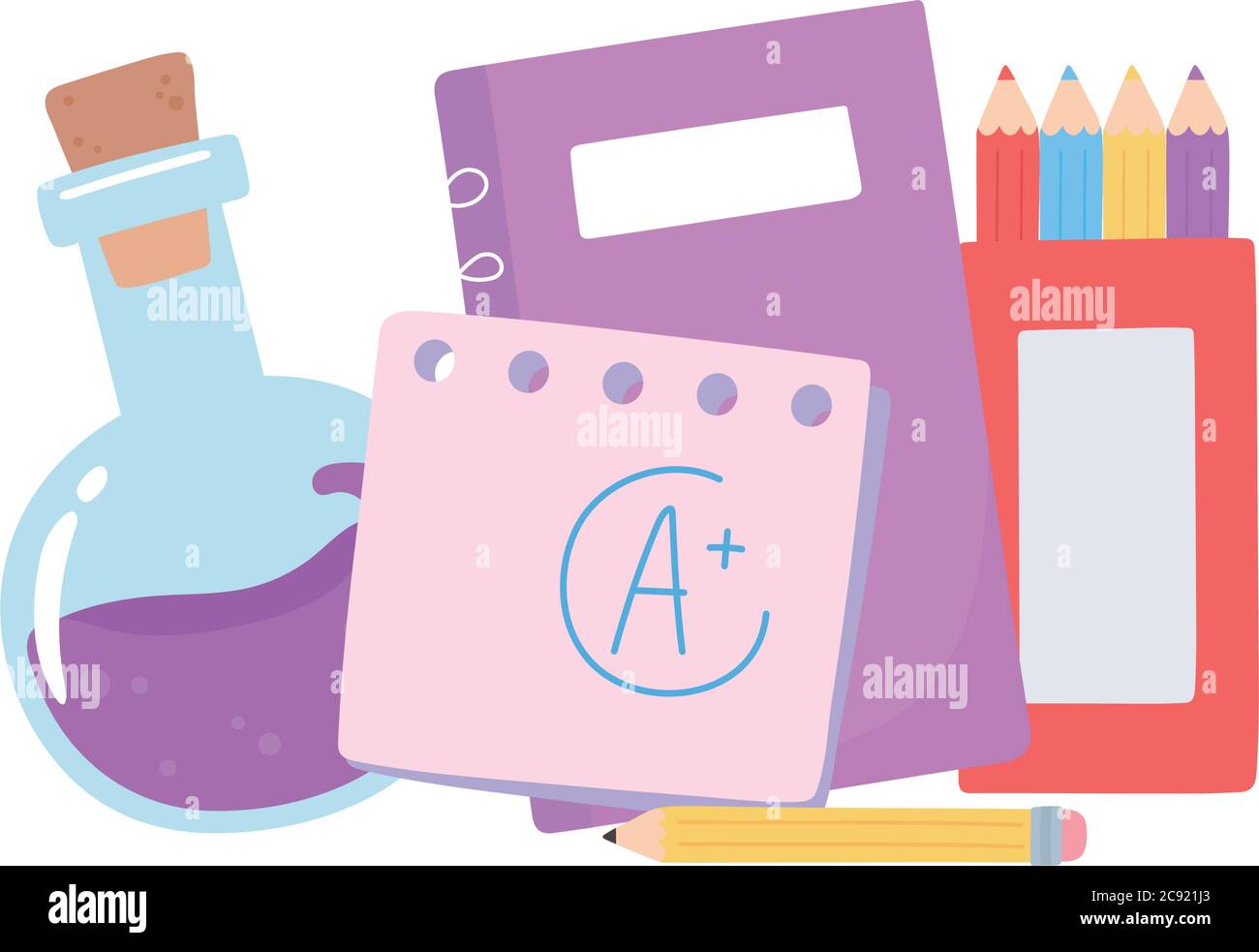 back to school, notebook pencils test tube education cartoon vector ...