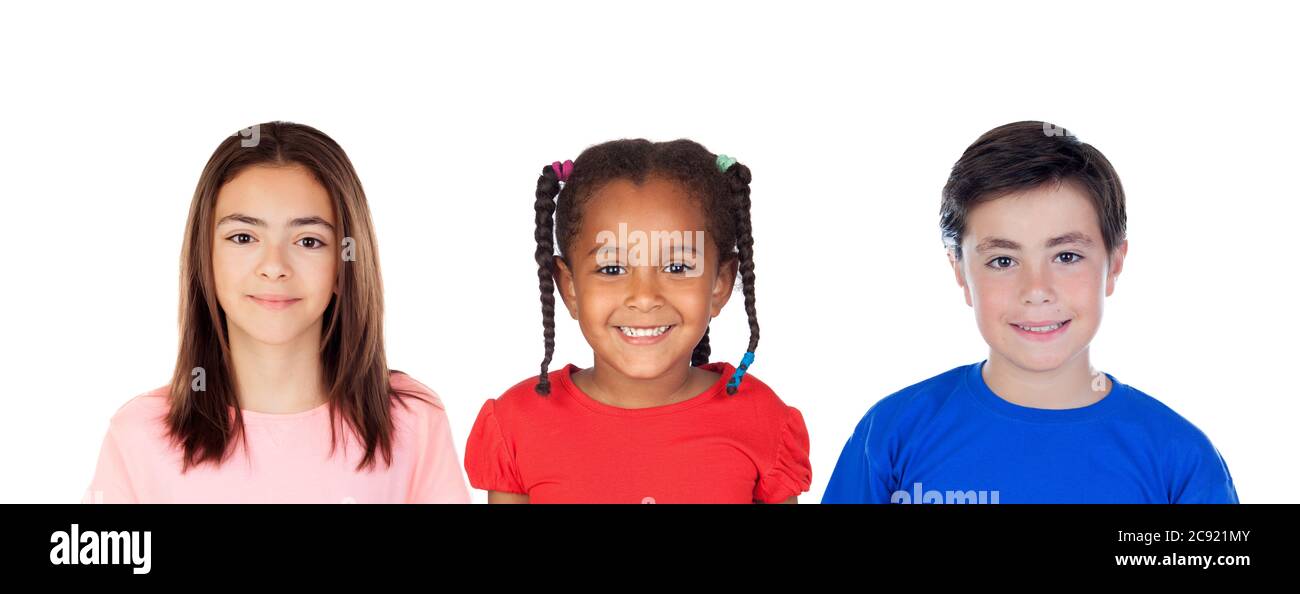 Three different children looking at camera isolated on a white ...