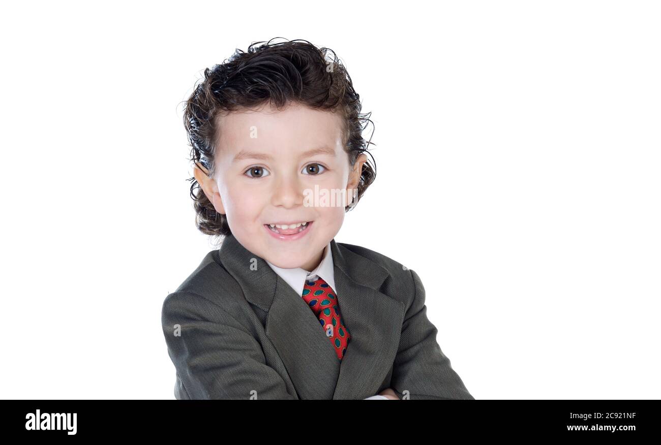 Little businessman with a brown suit isolated on a white background ...