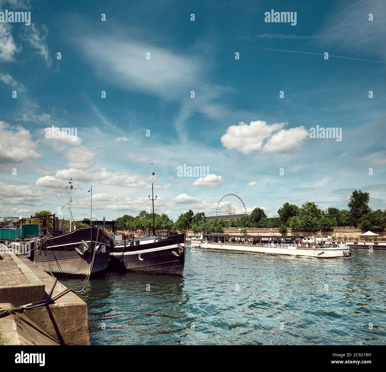 Beautiful riverside in Paris, France, panoramic image. Seine riverbank ...