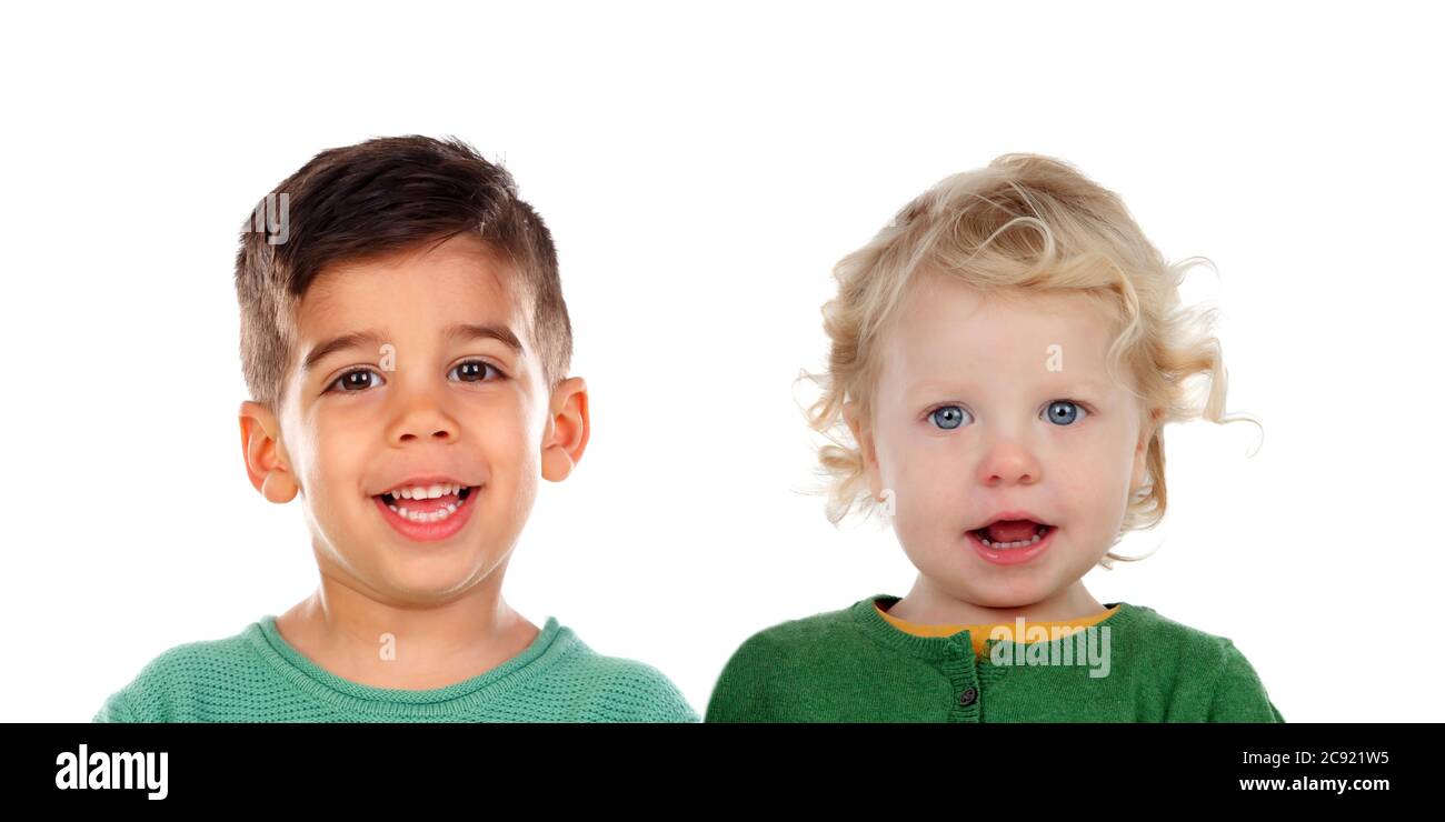 Two smiling children with different races isolated on a white ...