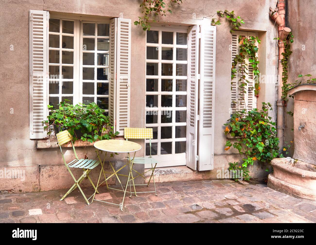 Paris, France, traditional French windows and door from back yard of ...