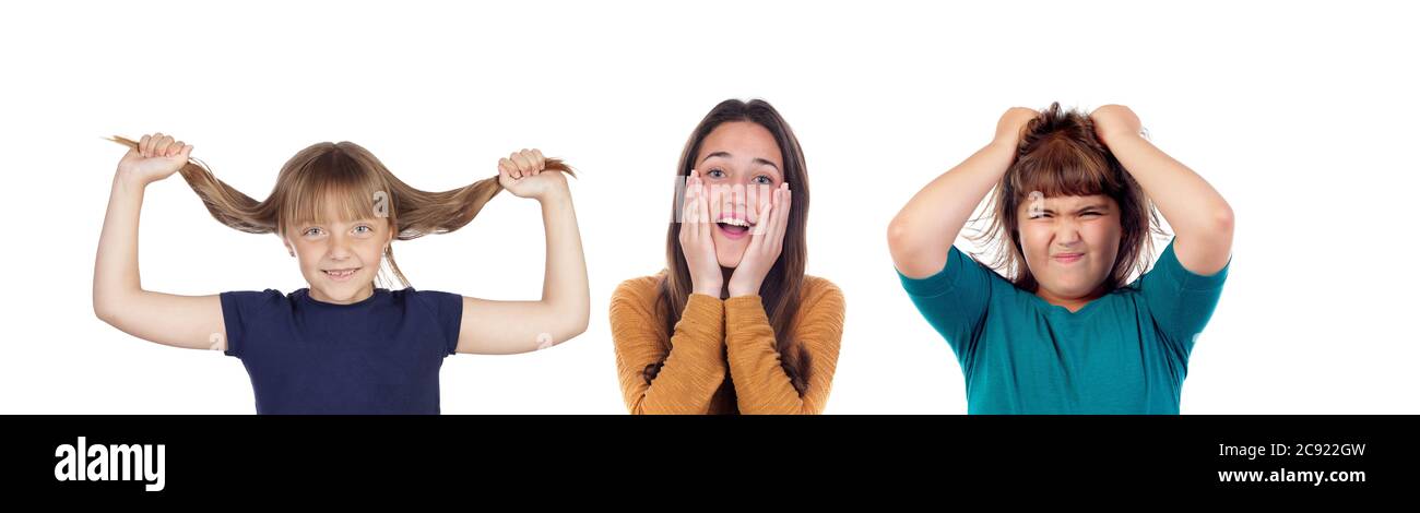 Children gesturing different expressions isolated on a white background ...