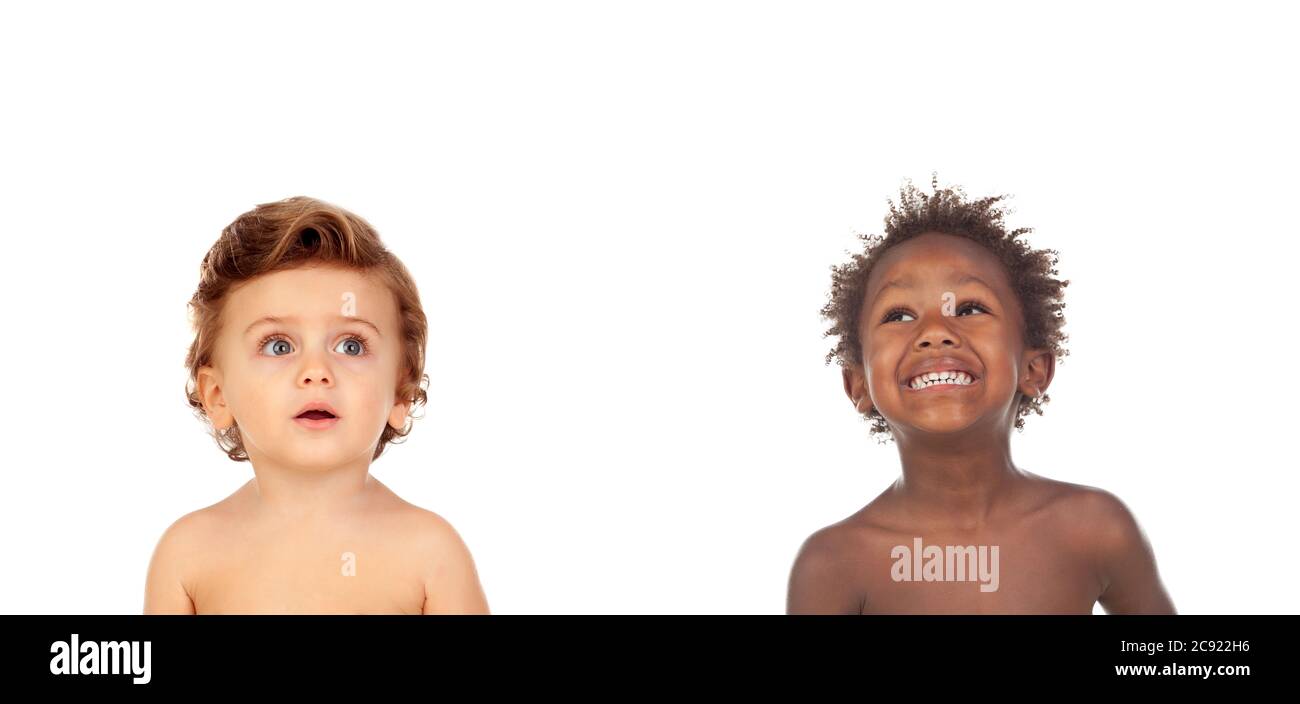 Two adorable children of different races isolated on a white background ...