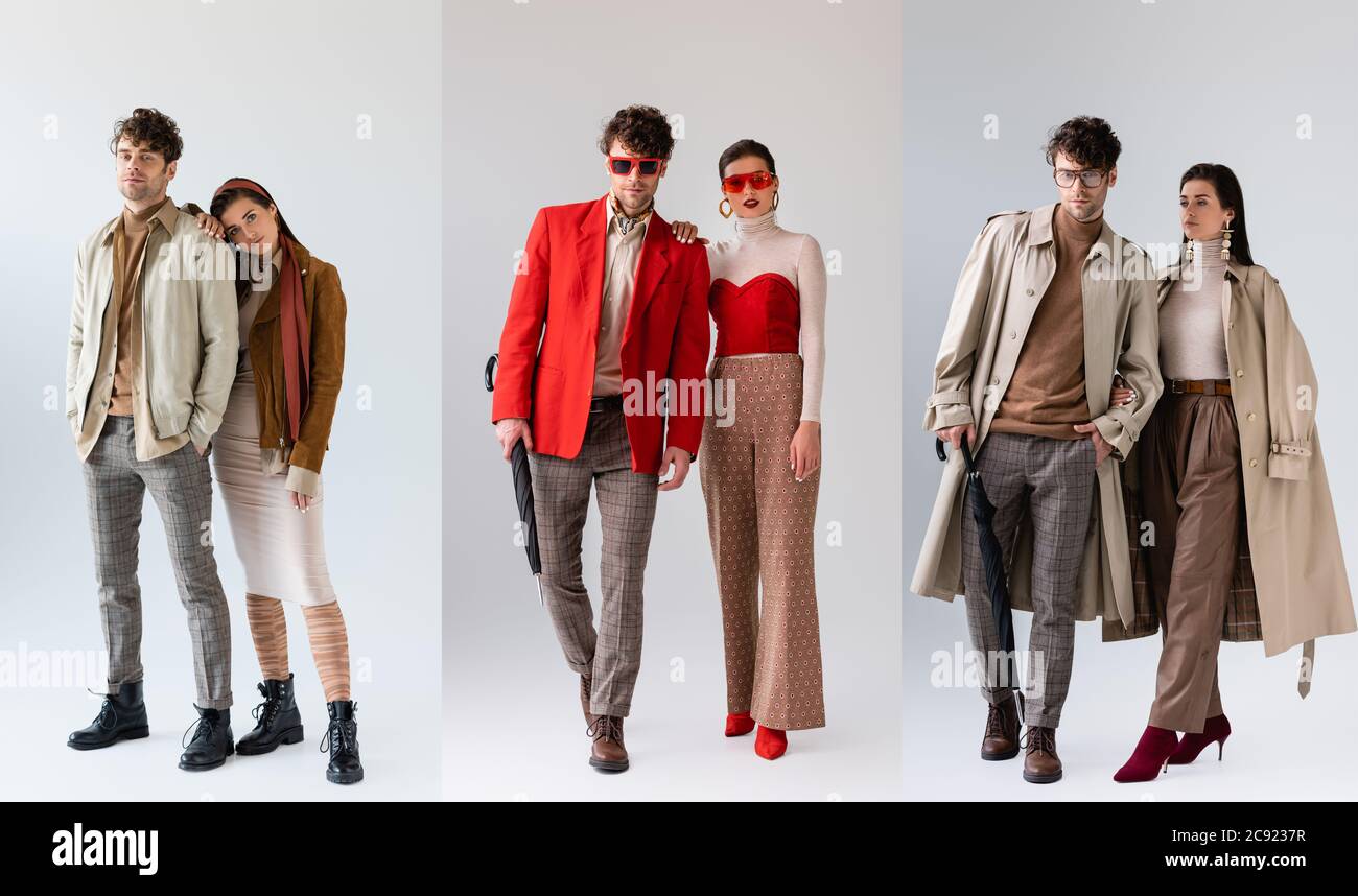 collage of young couple in trendy and elegant autumn clothes posing on ...