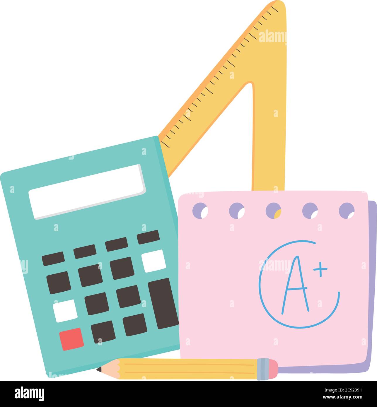 back to school, calculator ruler pencil and paper education cartoon ...