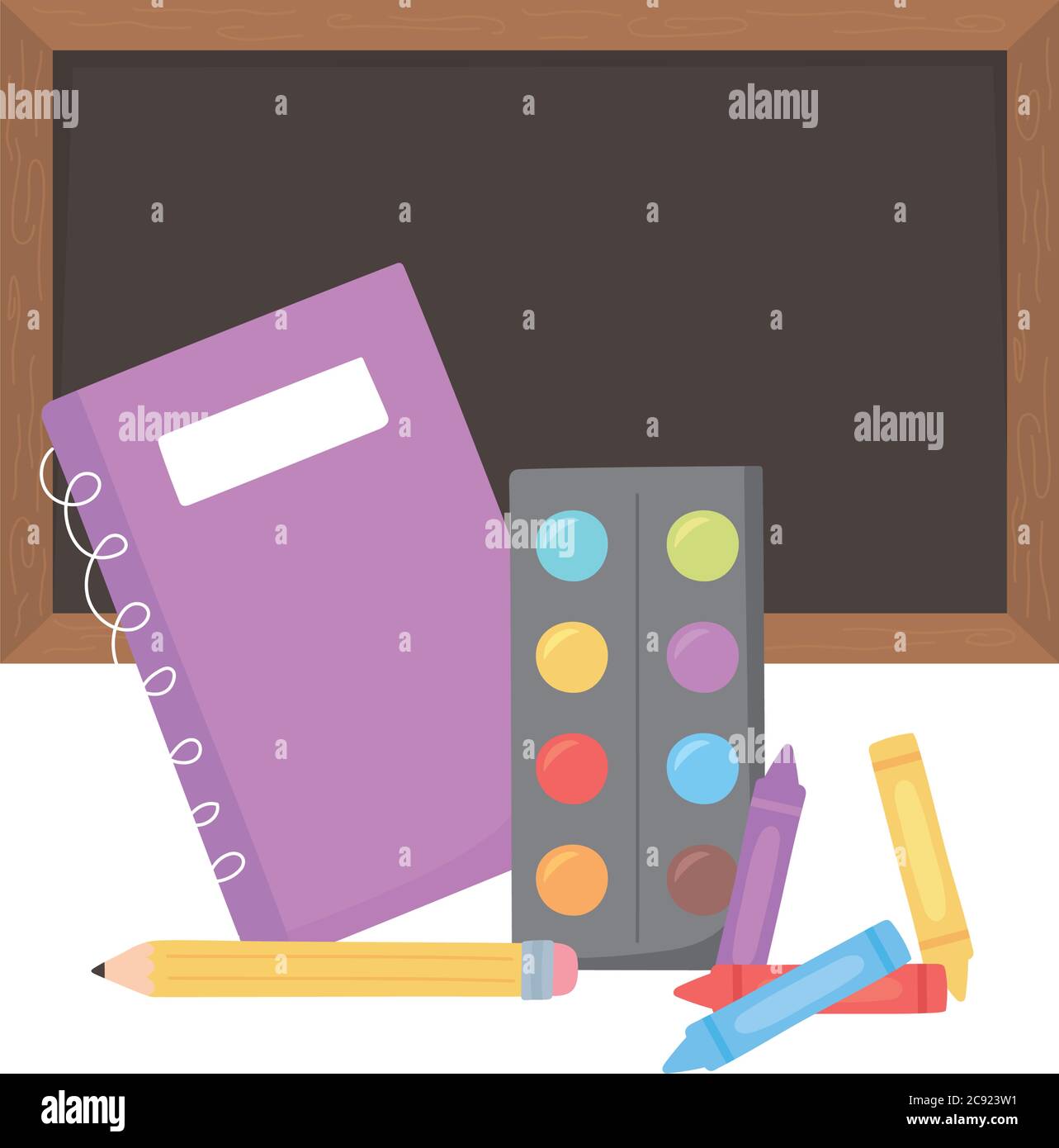 back to school, chalkboard notebook and crayons education cartoon ...