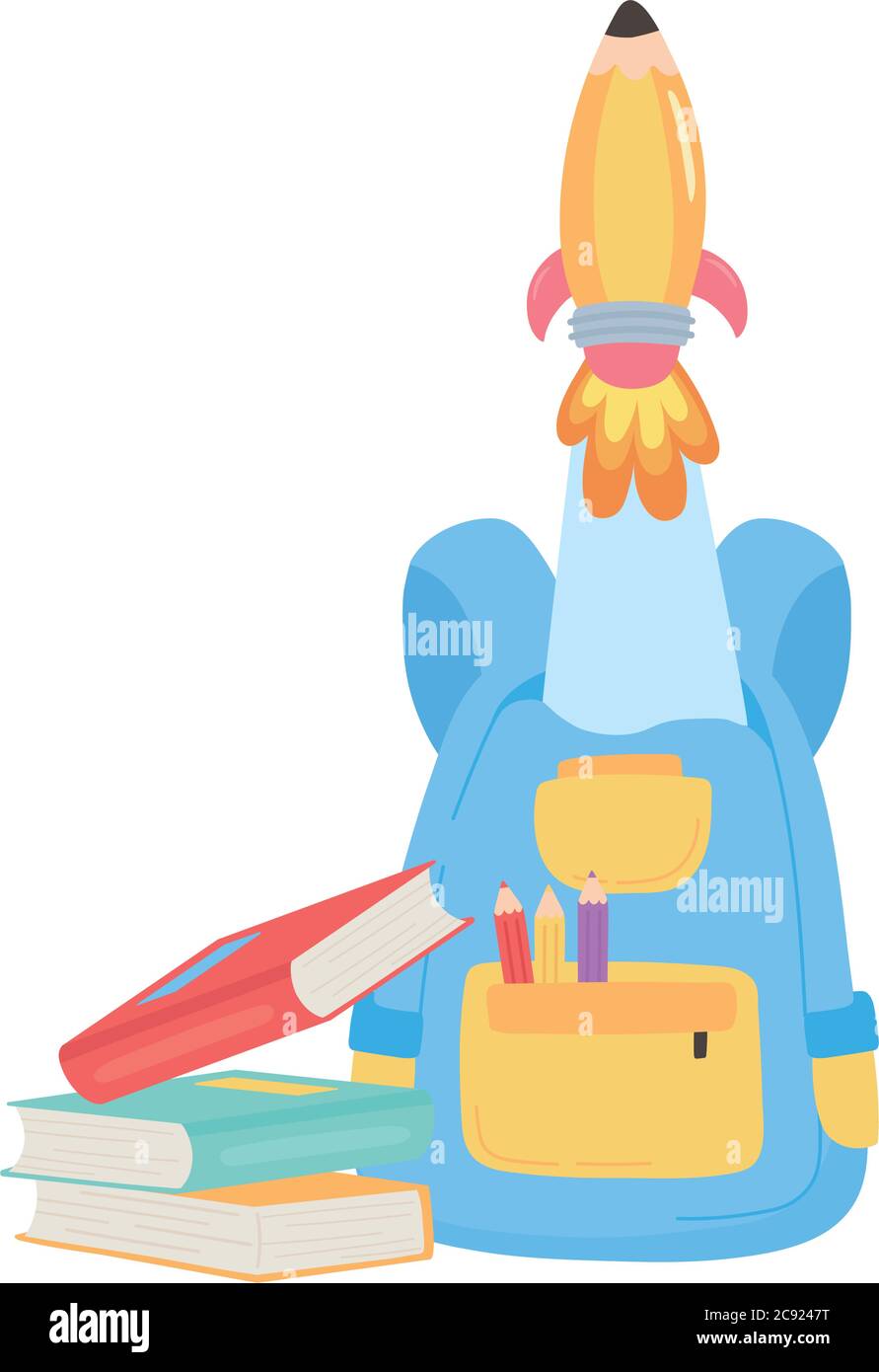 back to school, backpack books rocket startup education cartoon vector ...