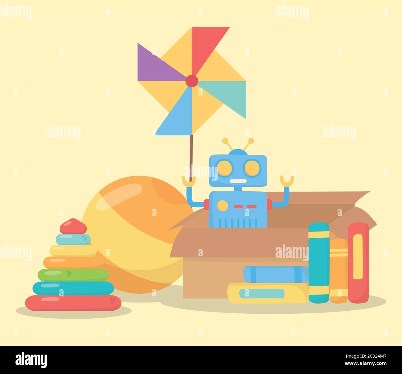 kids toys object amusing cartoon cardboard box with robot ball pyramid ...