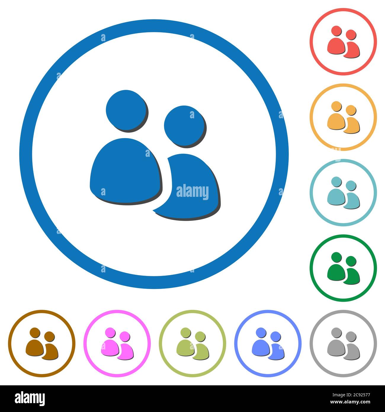 User group flat color vector icons with shadows in round outlines on ...