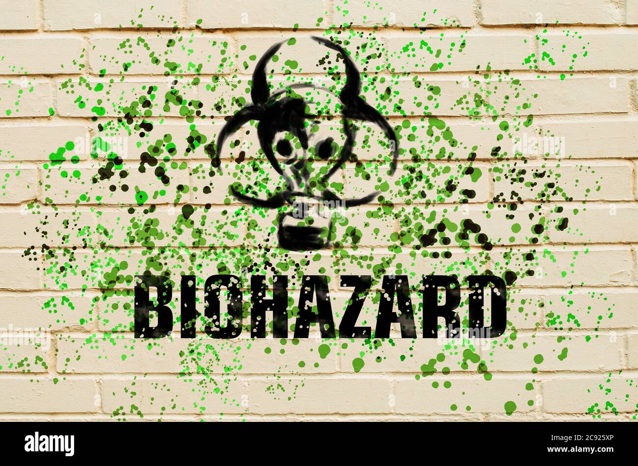 Biohazard sign in the form of a gas mask on the wall with green spatter ...