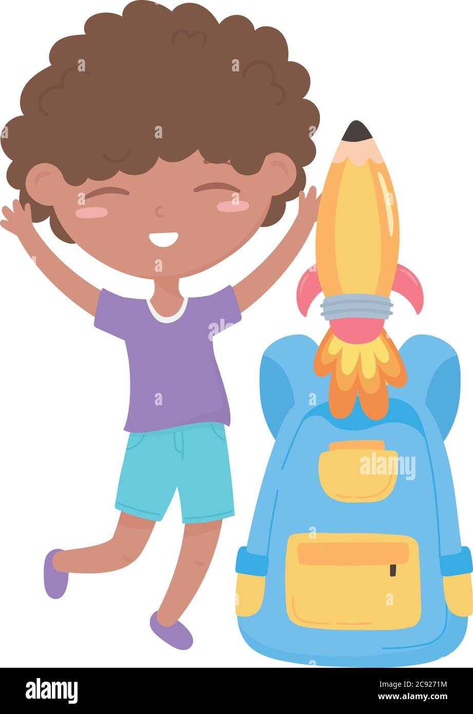 back to school, student boy with backpack and rocket education cartoon ...