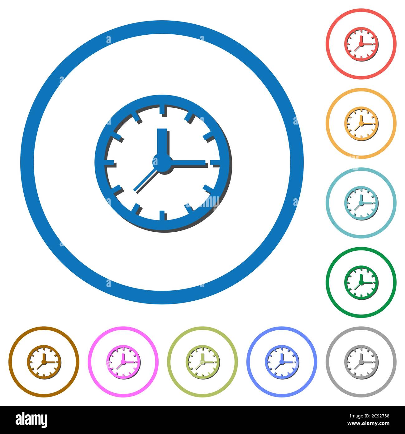 Clock flat color vector icons with shadows in round outlines on white ...