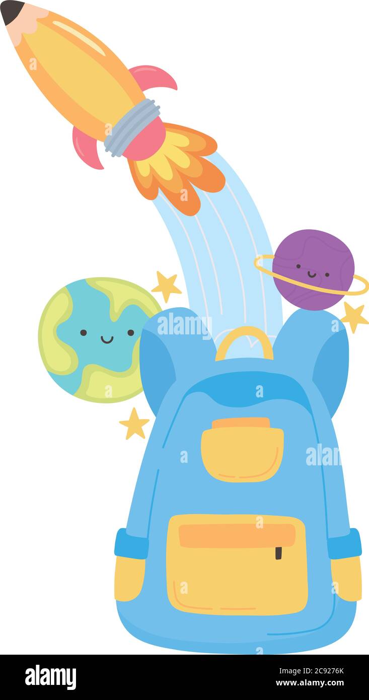 back to school, backpack rocket and planets education cartoon vector ...