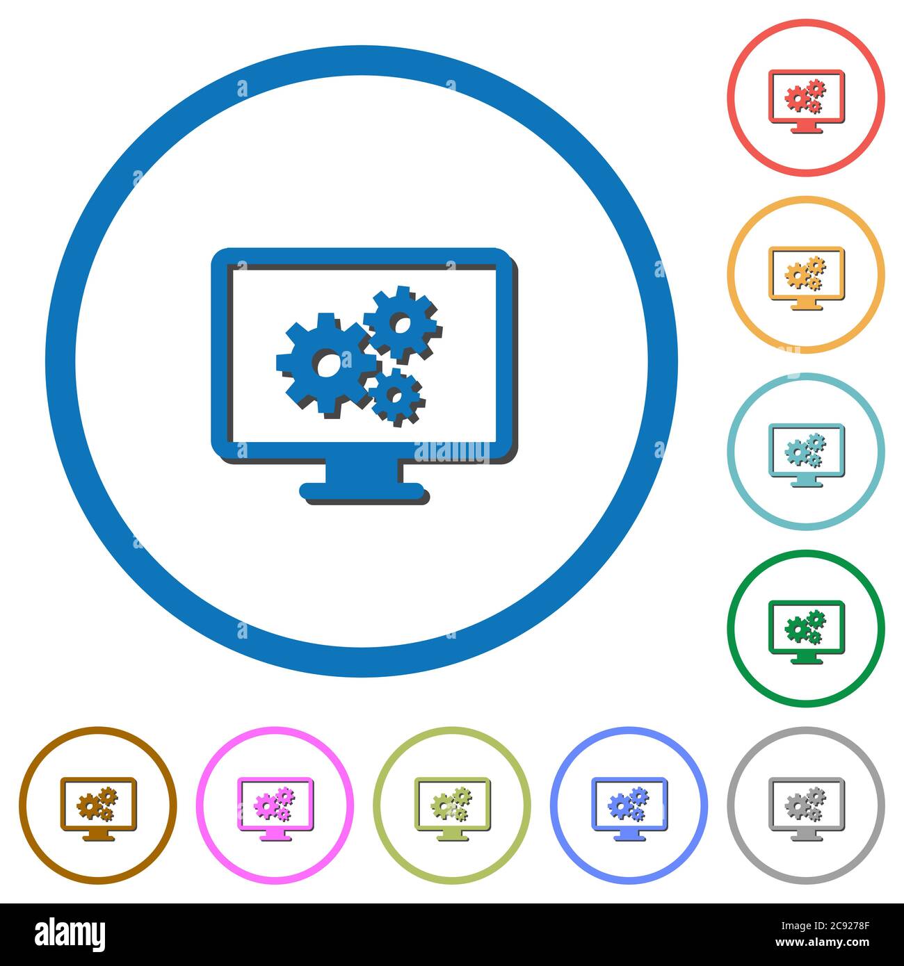 Screen settings flat color vector icons with shadows in round outlines ...