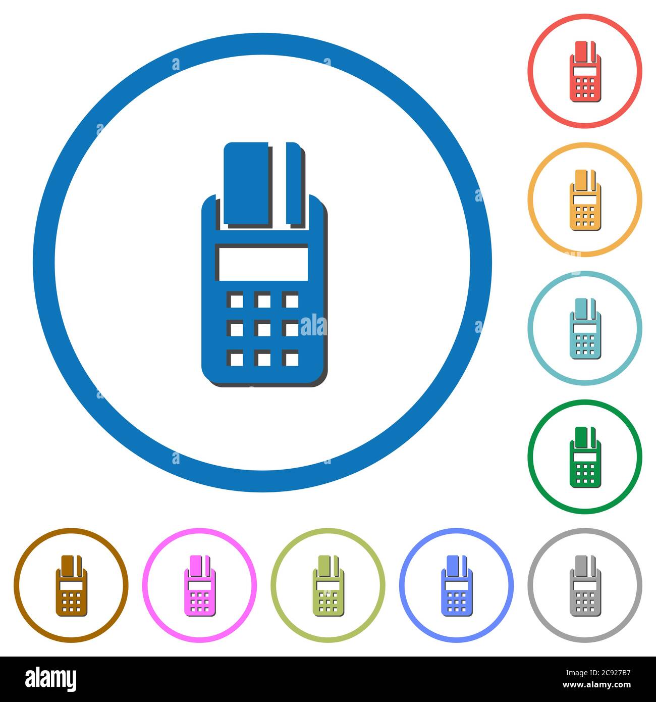 POS terminal flat color vector icons with shadows in round outlines on ...