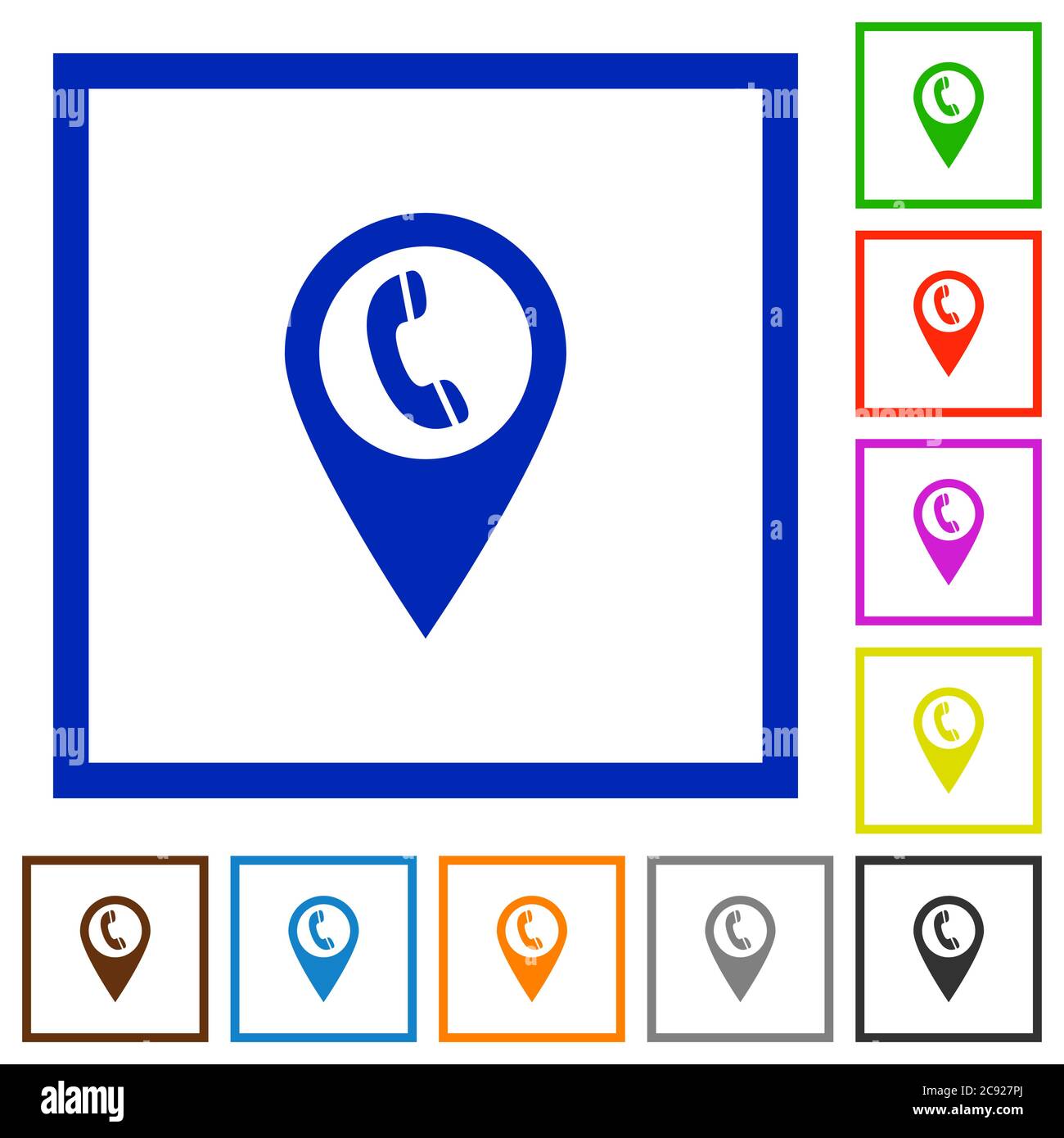Call box GPS map location flat color icons in square frames on white ...