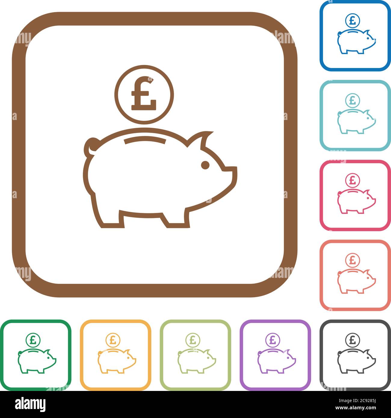 Pound piggy bank simple icons in color rounded square frames on white ...