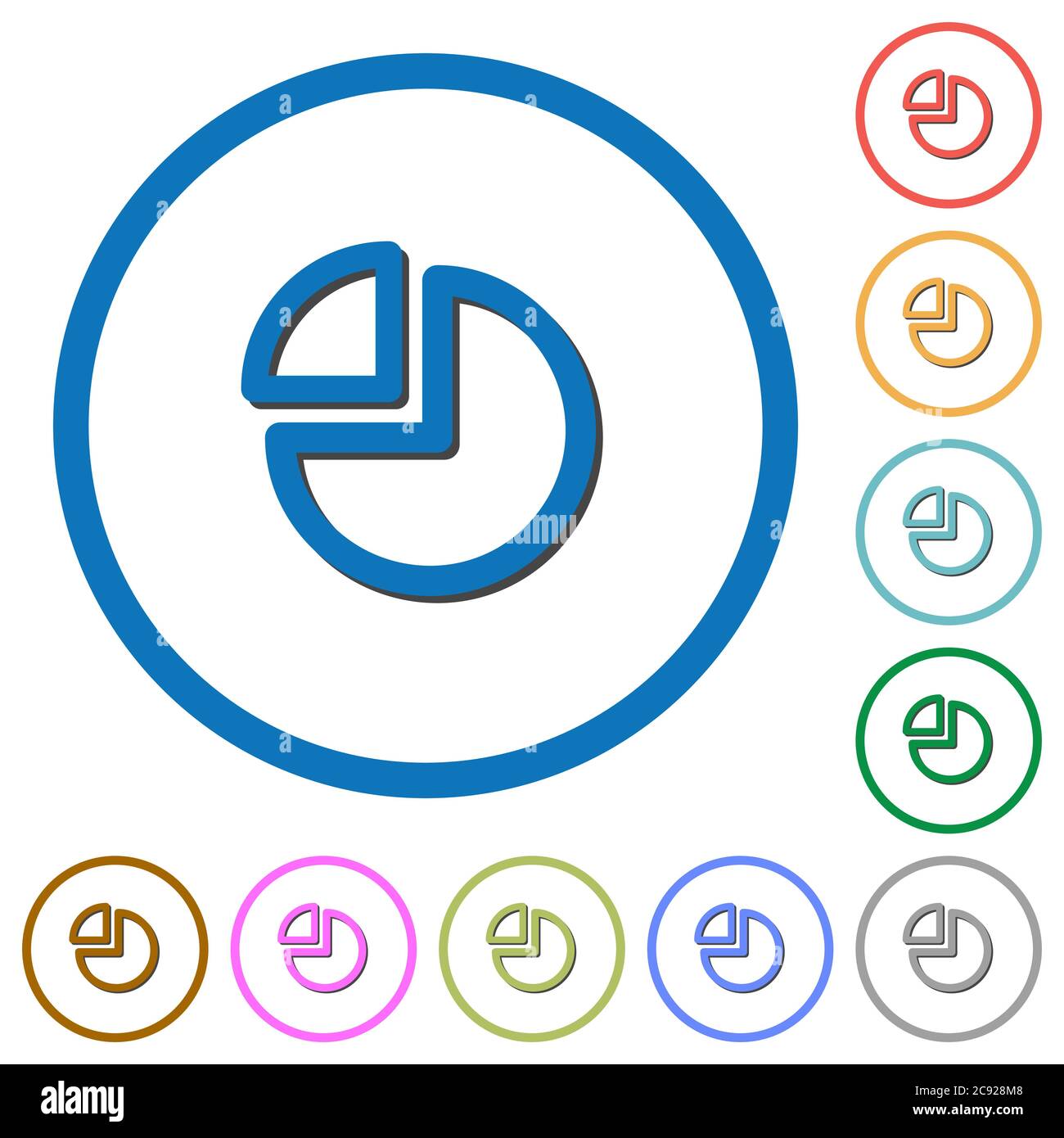 Pie chart flat color vector icons with shadows in round outlines on ...