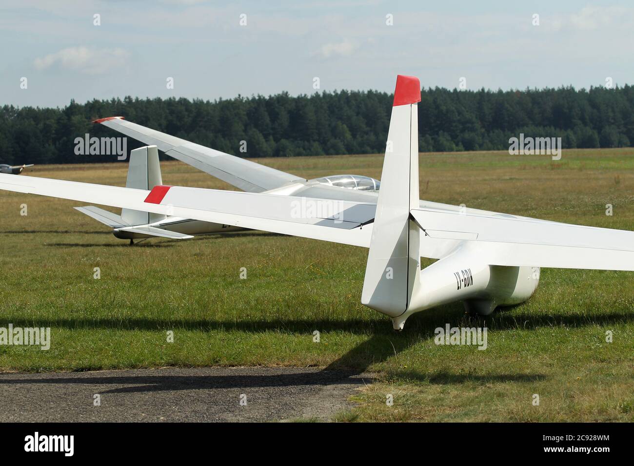 Glider plane standing on grass airport runway, at Pociunu airport ...