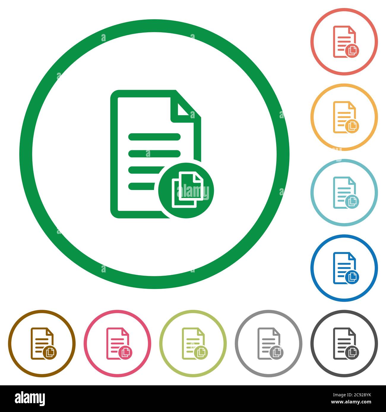 Copy document flat color icons in round outlines on white background ...
