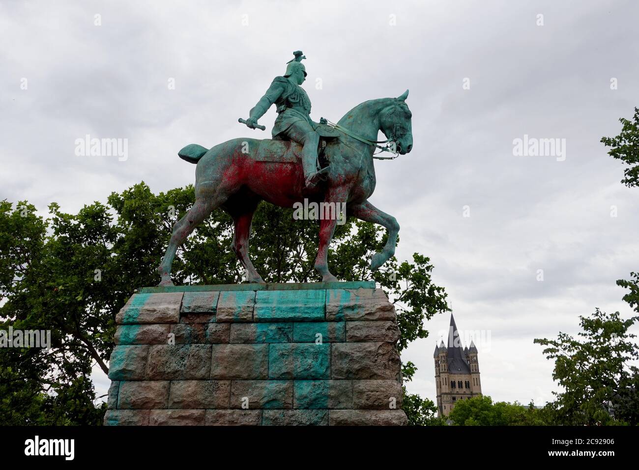 COLOGNE, GERMANY - Jun 27, 2020: Red paint sprayed on Equestrian Statue ...