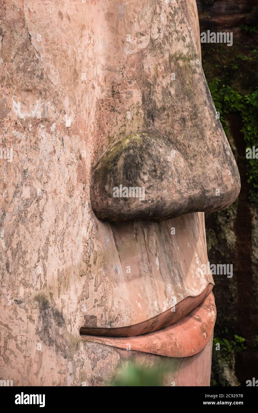 The close up of the nose and lips of the Giant Leshan Buddha, a 71 ...