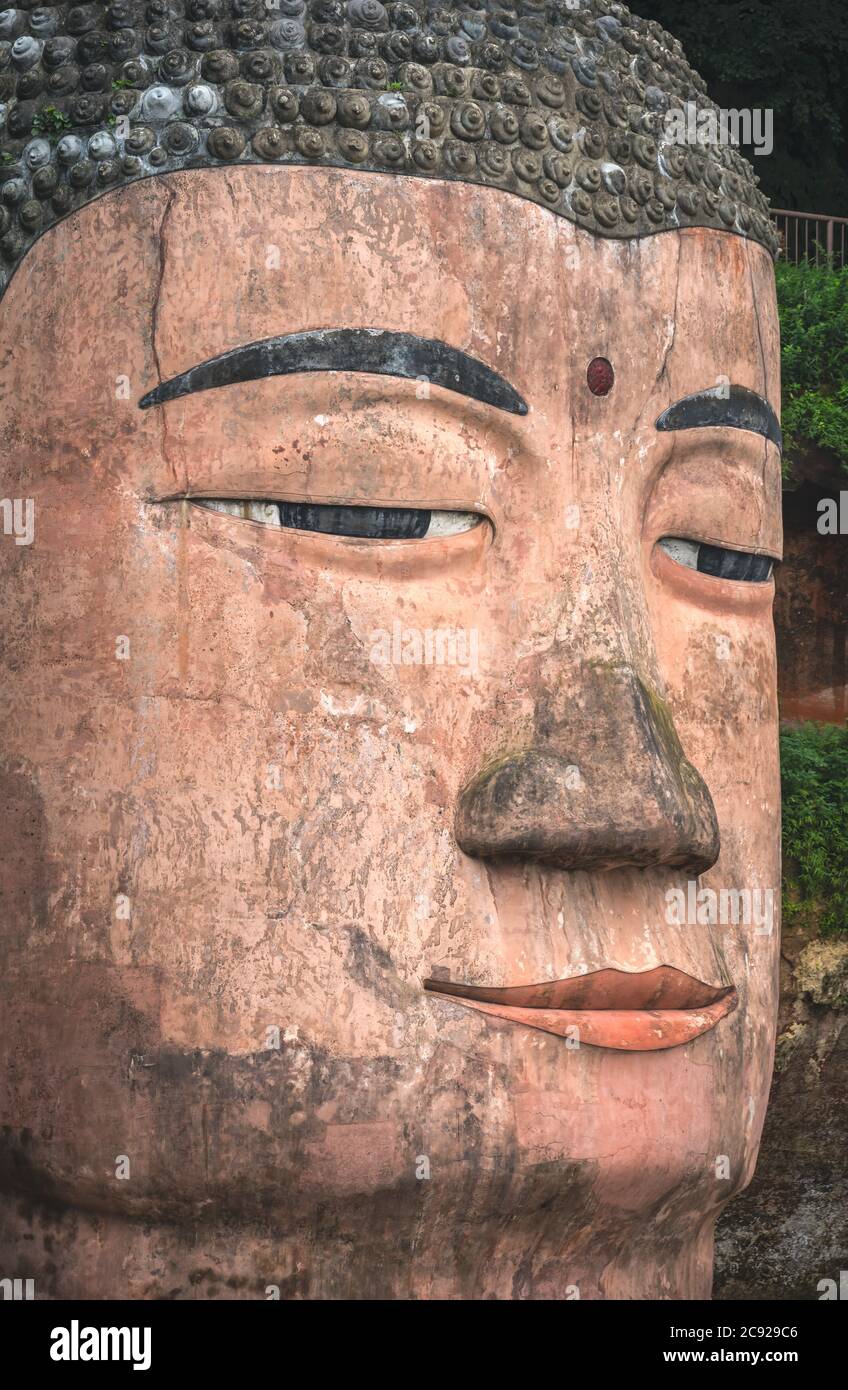 The close up of the head of the Giant Leshan Buddha, a 71-meter tall ...