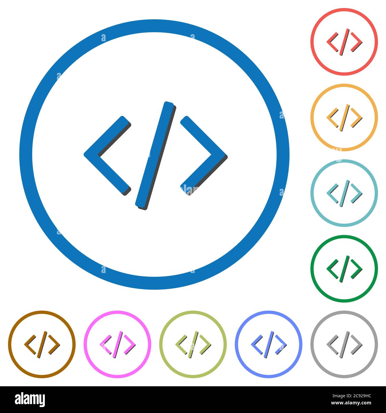 Programming Code Flat Color Vector Icons With Shadows In Round Outlines On White Background