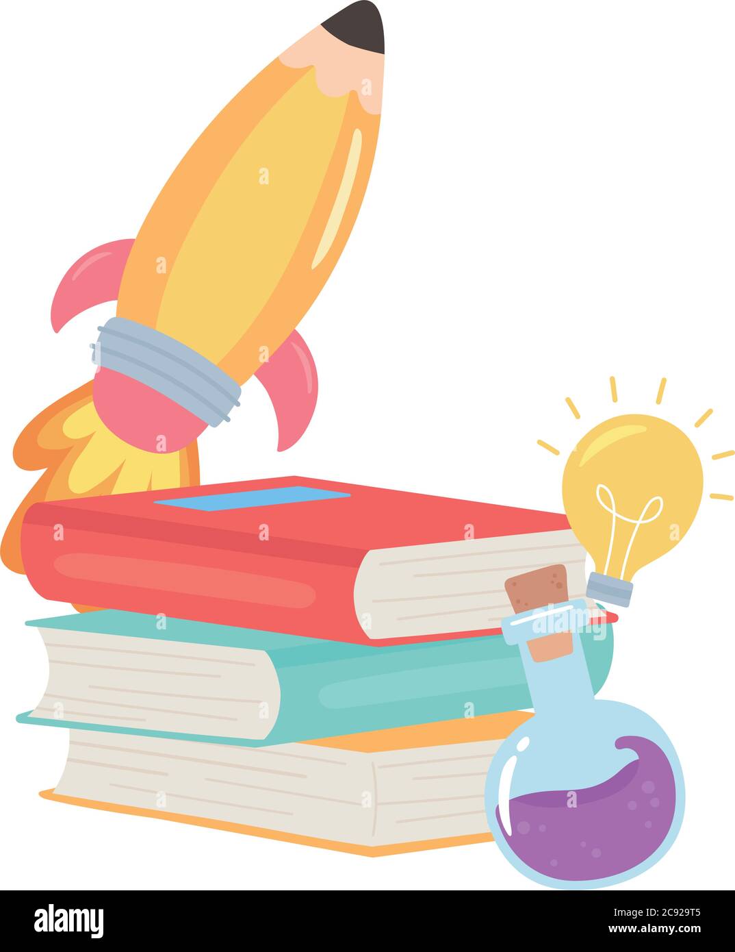 back to school, books test tube rocket education cartoon vector ...