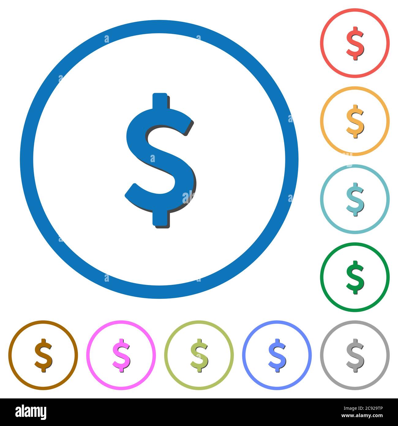 Dollar sign flat color vector icons with shadows in round outlines on ...
