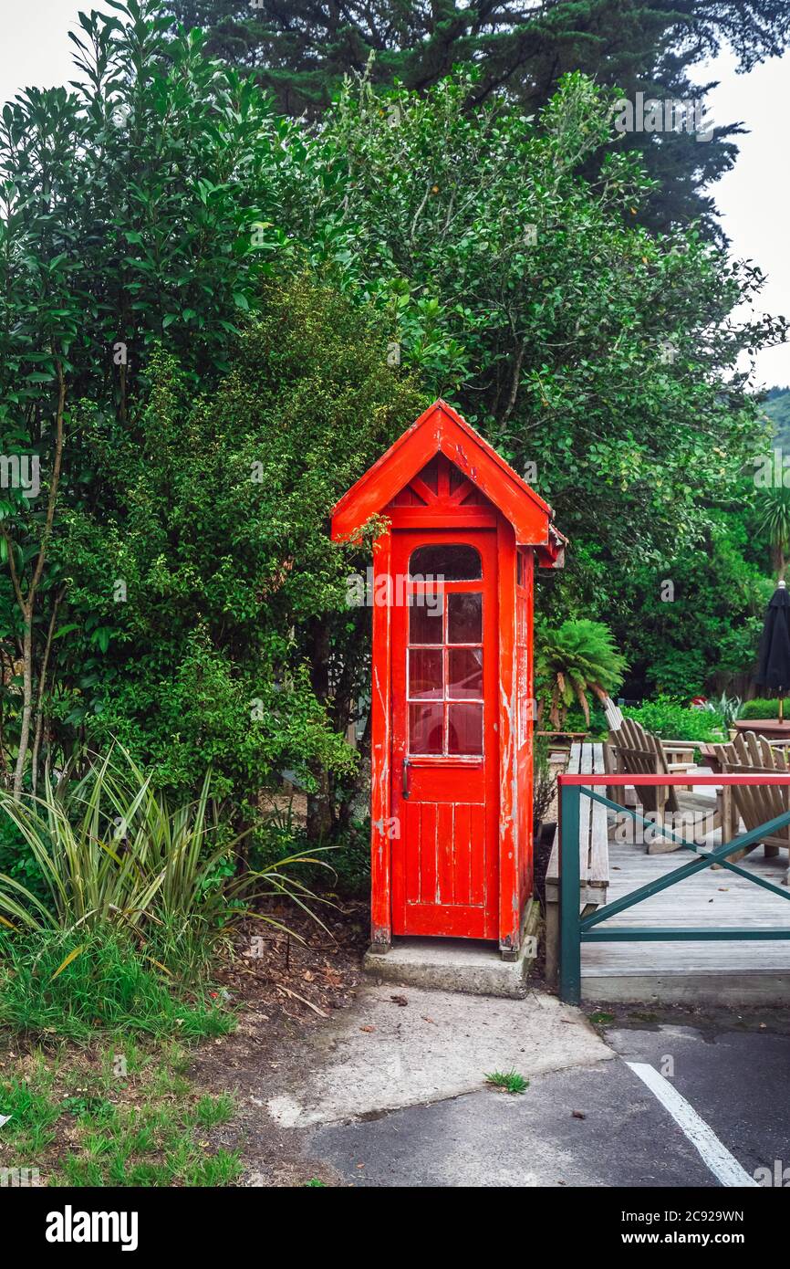 Red phone booth at The Redwoods in the Whakarewarewa Forest. Redwoods ...