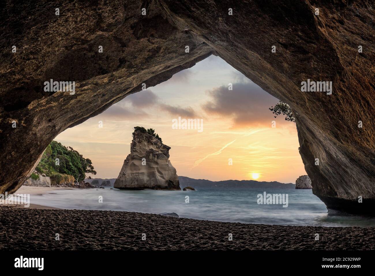 Cathedral Cove at sunset, Coromandel Peninsula, New Zealand Stock Photo ...