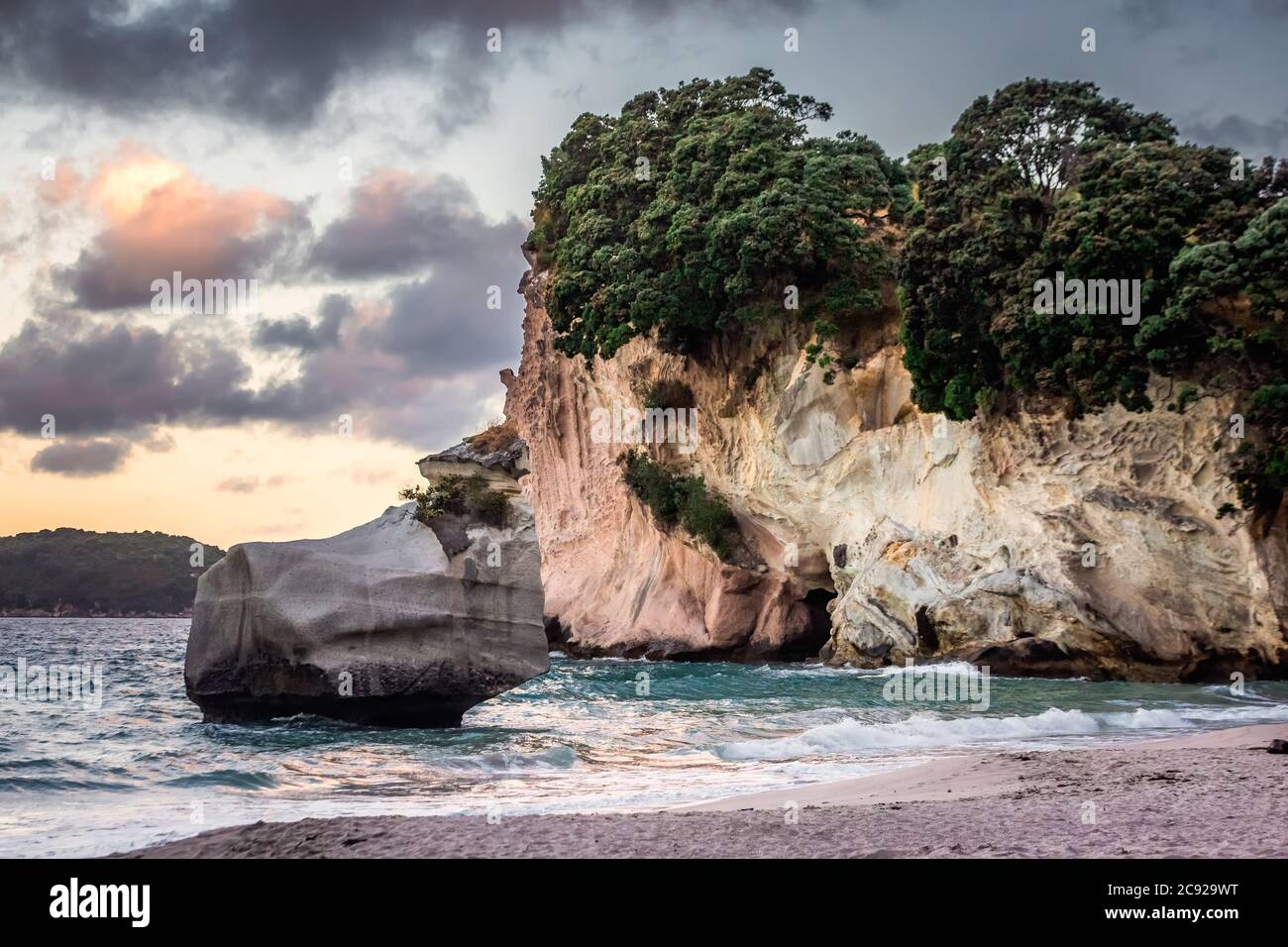 Cathedral Cove at sunset, Coromandel Peninsula, New Zealand Stock Photo ...