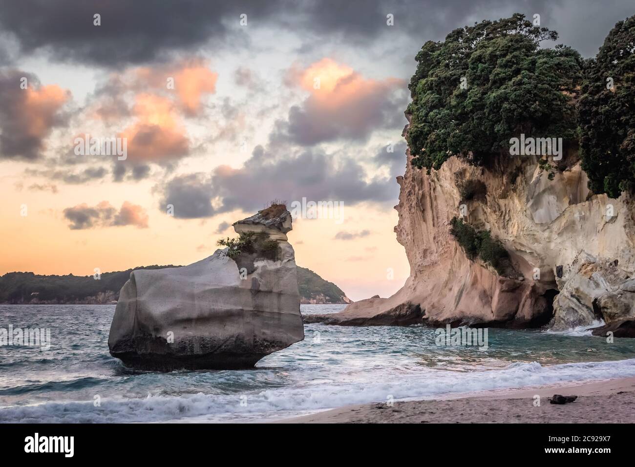 Cathedral Cove at sunset, Coromandel Peninsula, New Zealand Stock Photo ...