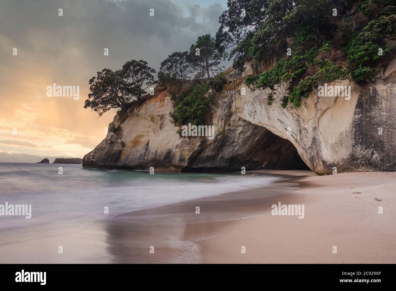 Cathedral Cove at sunset, Coromandel Peninsula, New Zealand Stock Photo ...