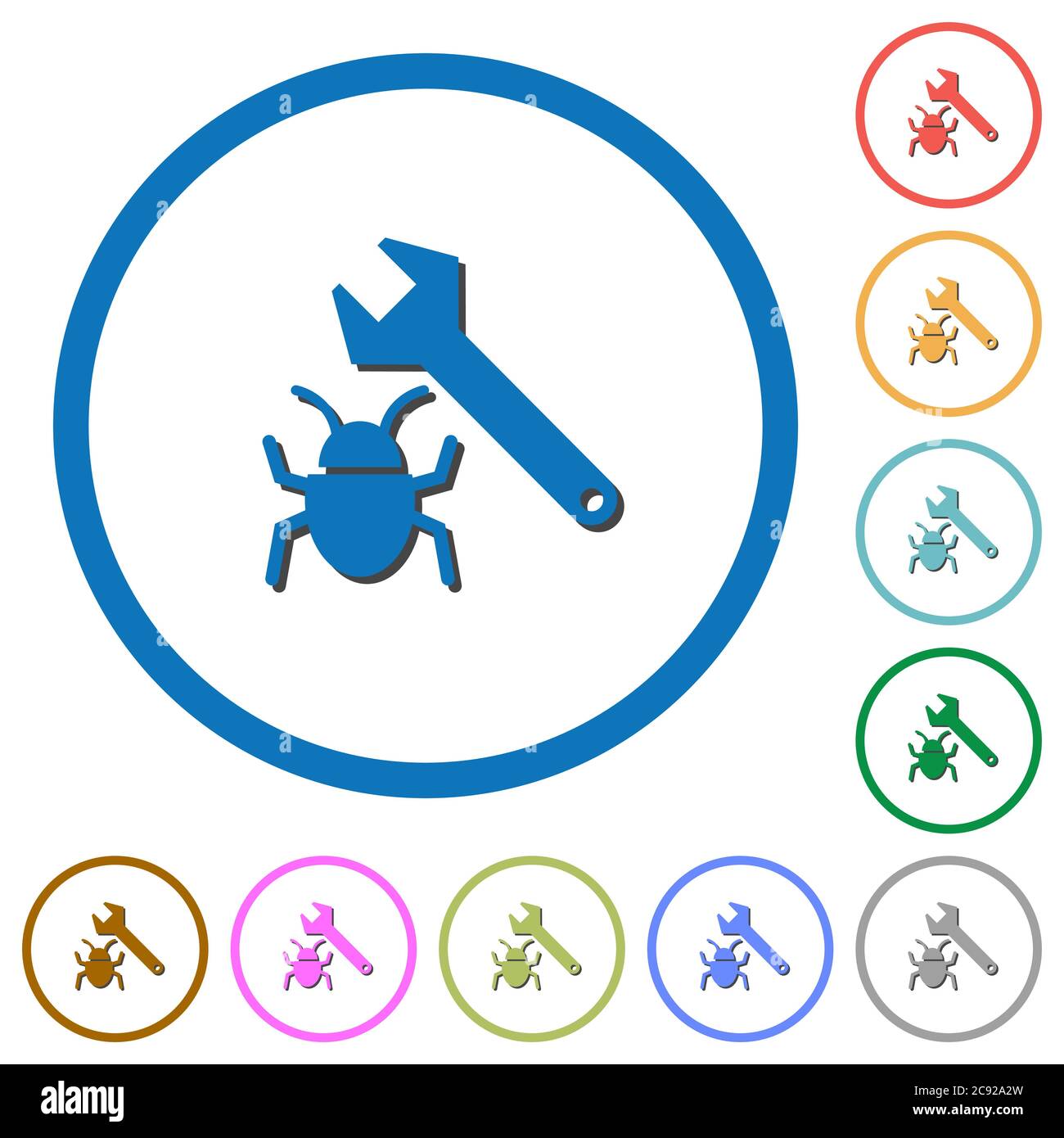 Bug fixing flat color vector icons with shadows in round outlines on ...