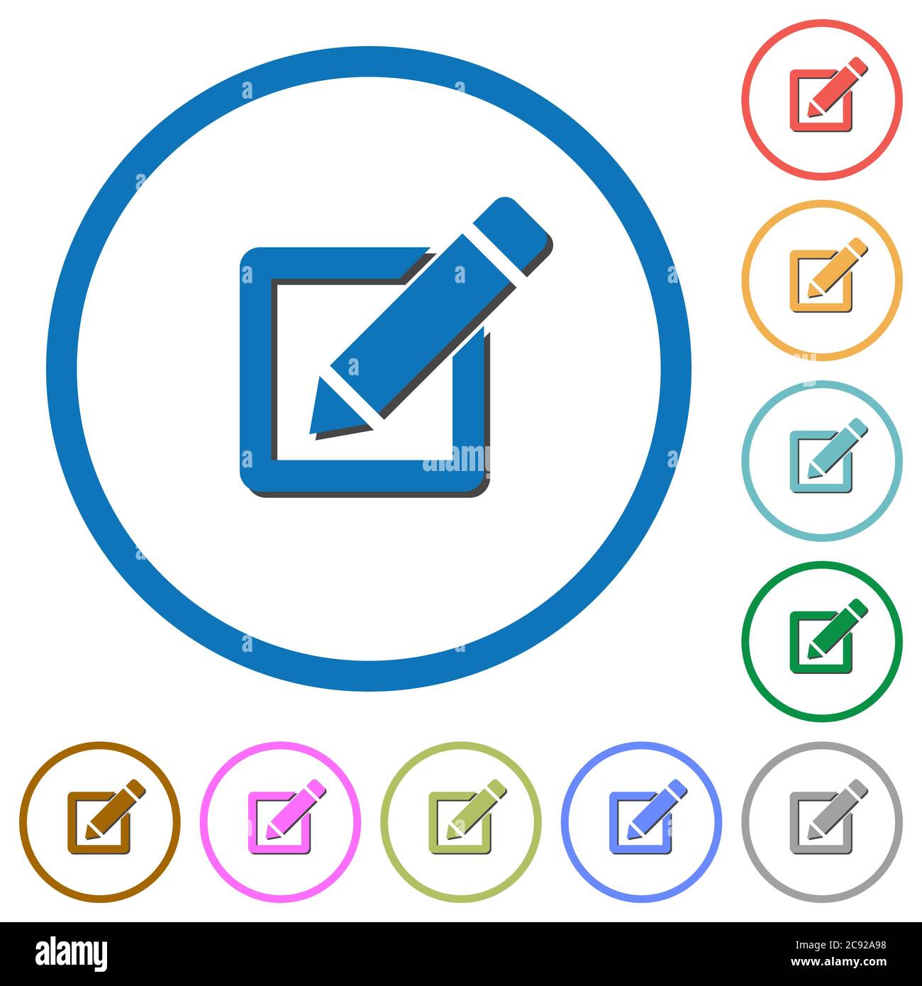 Editing box with pencil flat color vector icons with shadows in round ...