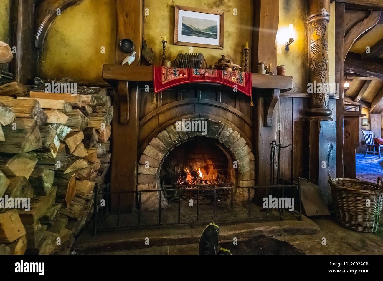 Green dragon tavern interior at the Hobbiton, New Zealand. The place ...